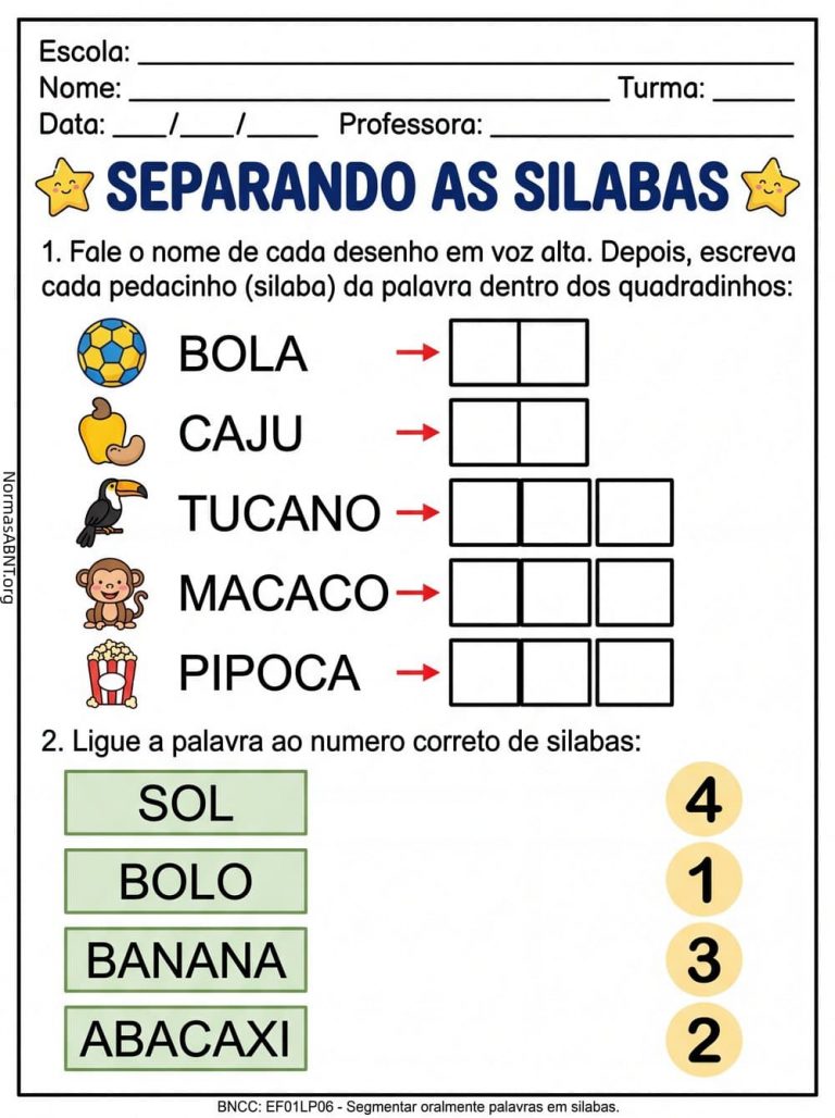 Atividade Separando as silabas